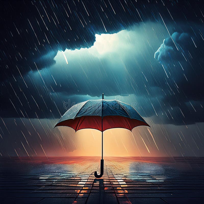 GENERAD IA Open Umbrella Standing on Wet Pavement during Heavy Rain at ...