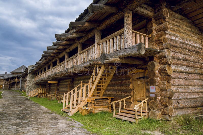 Two-storey Wooden Log House with Paved Wooden Road Stock Photo - Image ...