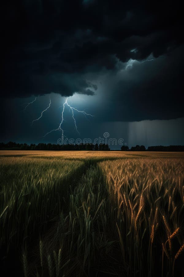 General Scenery of Wheat Fields, Lightning and Stormy Clouds, Created ...
