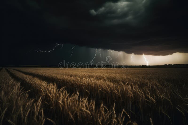 General Scenery of Wheat Fields, Lightning and Stormy Clouds, Created ...