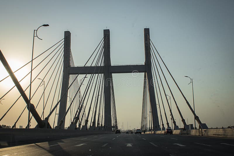 Sunset on City Cable Stayed Bridge Stock Image - Image of sunset ...