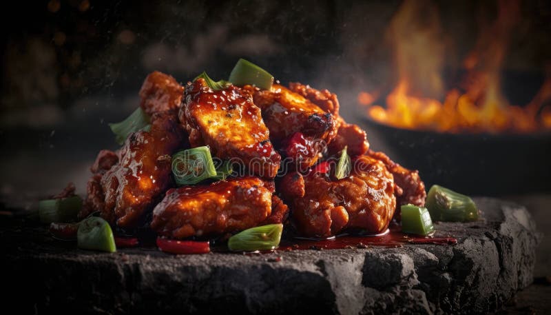 General Tsos Chicken on Stone, Blurred Background, Rustic Pub ...