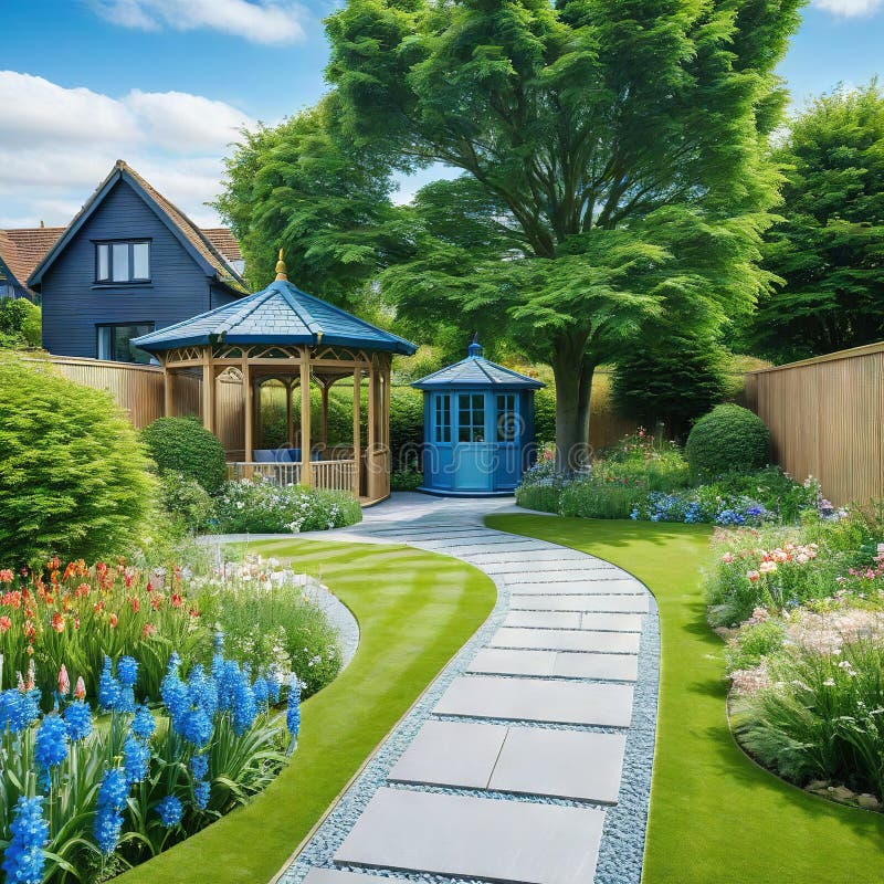 A General View Of A Back Garden With Artificial Grey Paving Slab Flower Bed With Stock