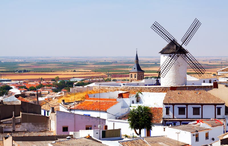 General View of Campo De Criptana with Mill and Church Stock Image ...