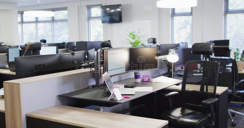 General View of Empty Modern Office with Multiple Computers, Slow ...
