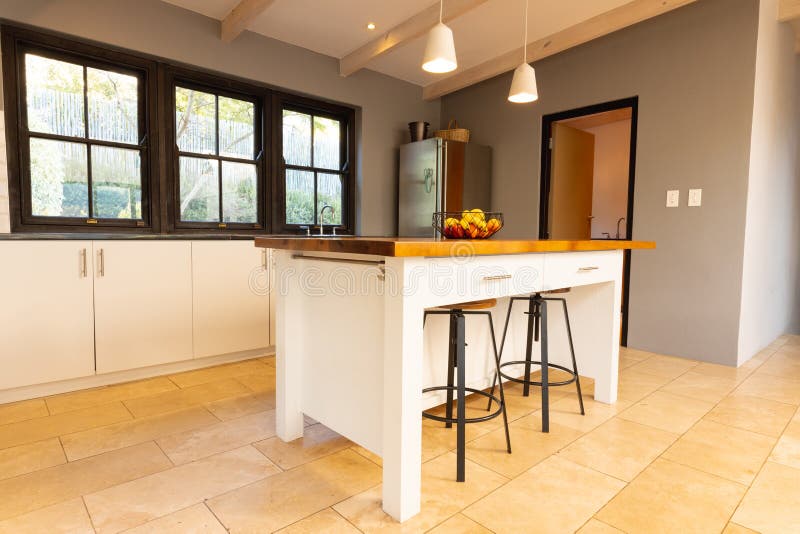 General View of Luxury Interior of Kitchen with Countertop and Fridge ...