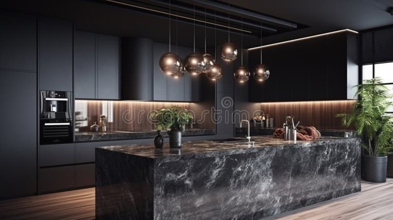 General View of Luxury Kitchen with Countertop and Kitchen Equipment ...