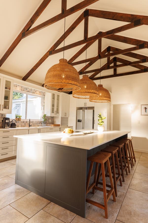 General View of Modern Kitchen with Countertop, Chairs and Kitchen ...
