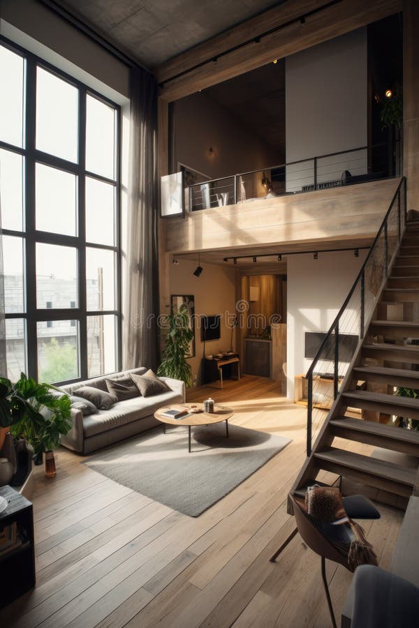 General View of Modern Loft Apartment with Large Window, Created Using ...