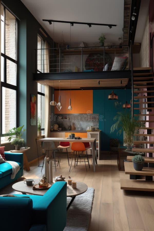 General View of Modern Loft Apartment with Large Windows, Created Using ...