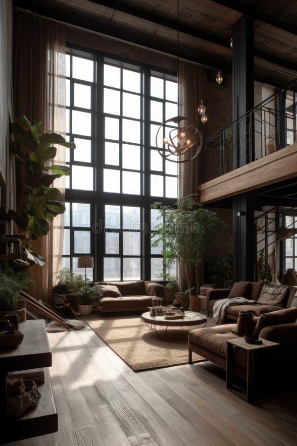 General View of Modern Loft Apartment with Large Windows, Created Using ...