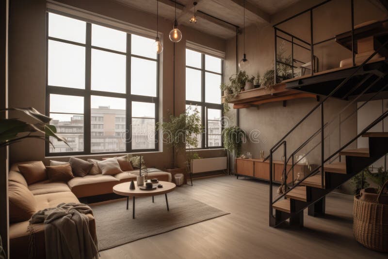 General View of Modern Loft Apartment with Large Windows, Created Using ...