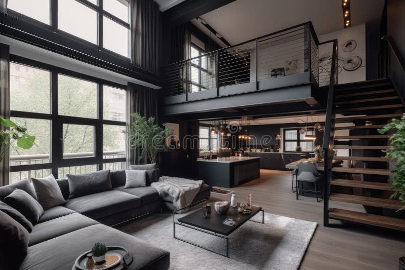 General View of Modern Loft Apartment with Large Windows, Created Using ...