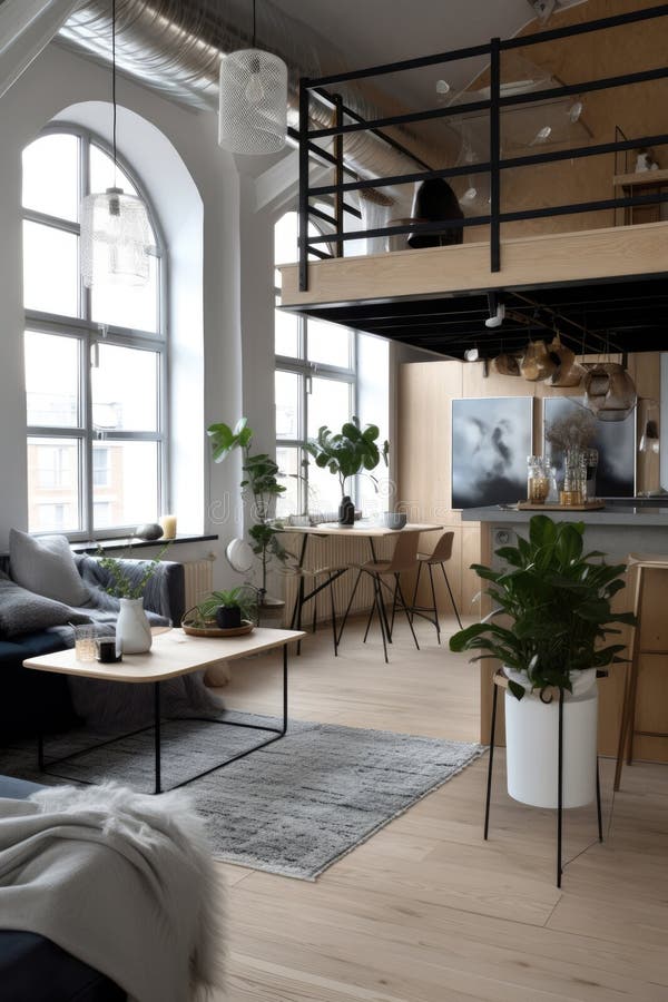 General View of Modern Loft Apartment with Large Windows, Created Using ...