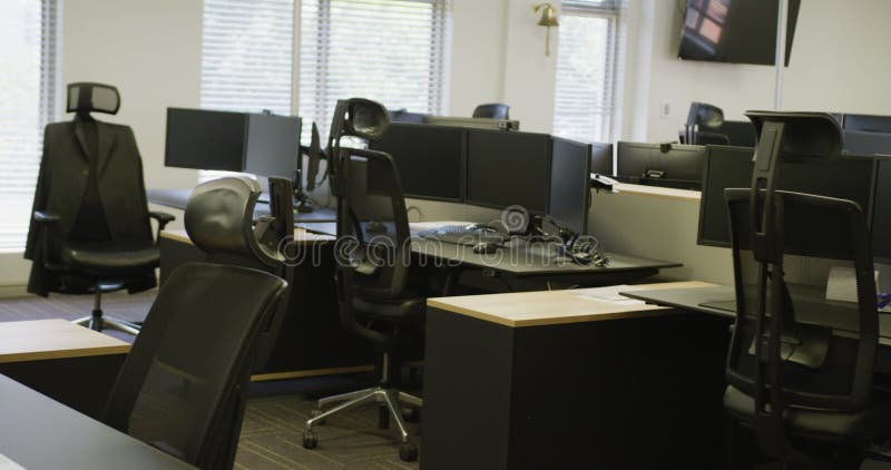 General View of Modern Office with Desks and Computers, Slow Motion ...