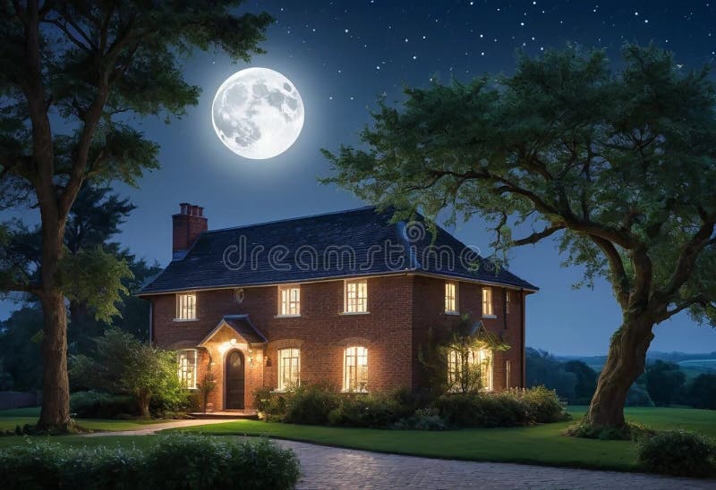 Amazing Scene of a House with Moonlight at Night Stock Illustration ...
