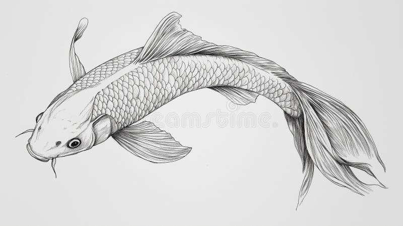 A Black and White Sketch of a Koi Fish, Drawn with Fine Lines on a ...