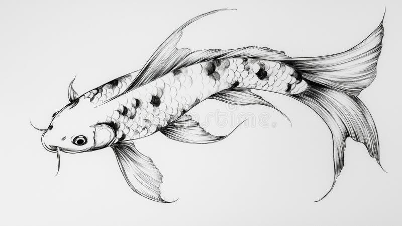 A Black and White Sketch of a Koi Fish, Drawn with Fine Lines on a ...