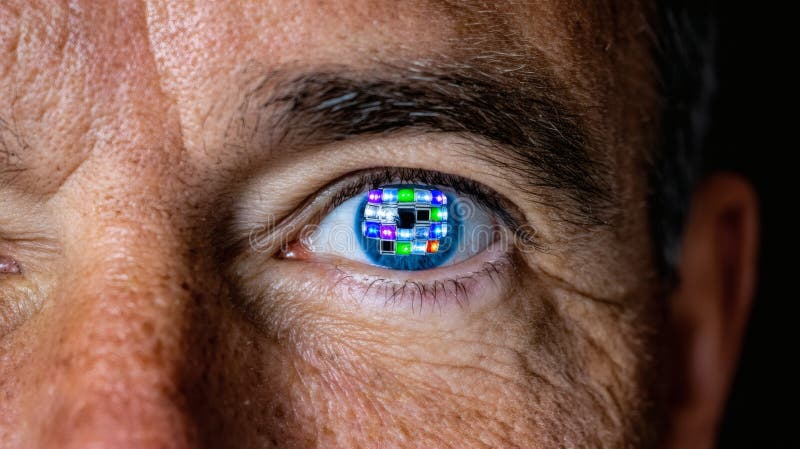 Close-up of Human Eye with Digital Matrix Pattern in Iris in Dark ...