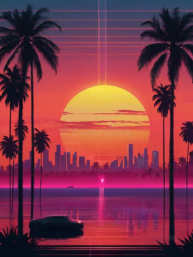 Distant Synthwave Cityscape, Orange Sunset Stock Illustration ...