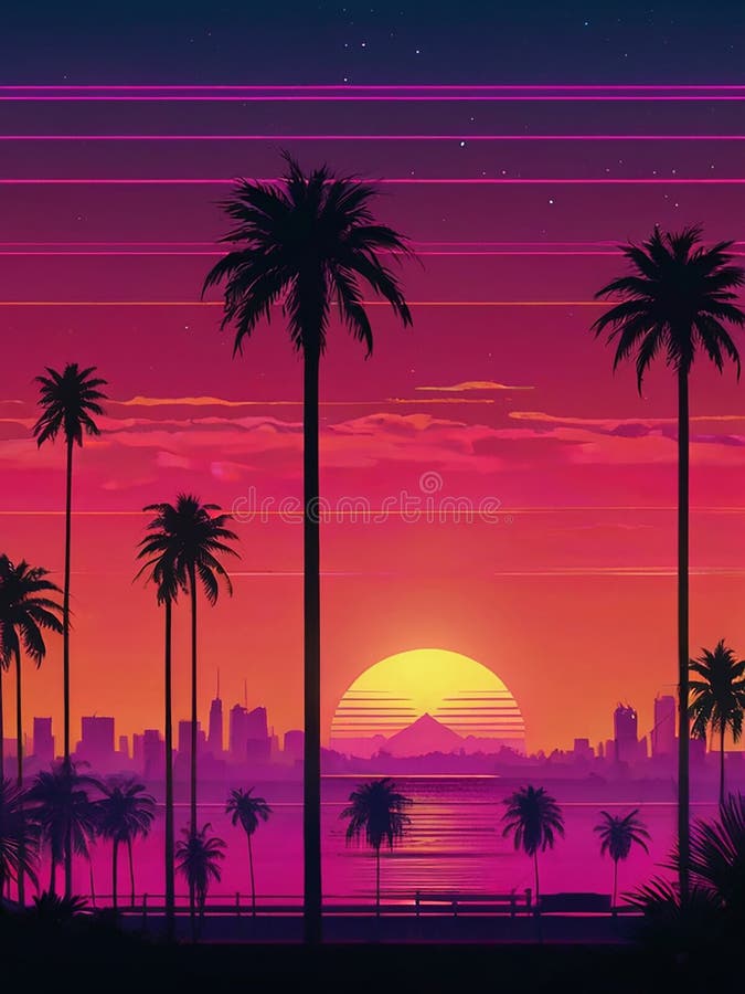 Distant Synthwave Cityscape, Orange Sunset Stock Illustration ...