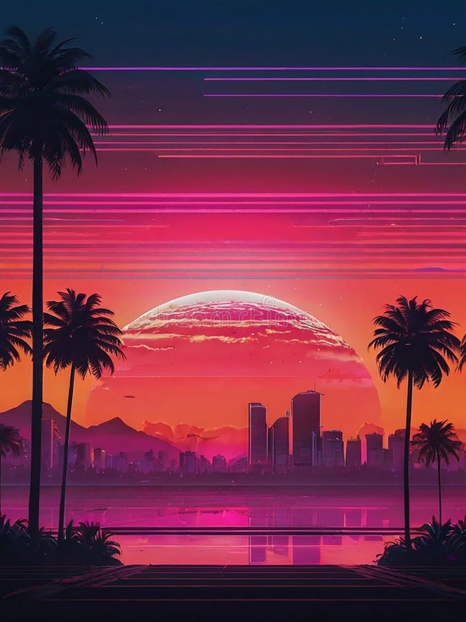 Distant Synthwave Cityscape, Orange Sunset Stock Illustration - Illustration of landscape ...