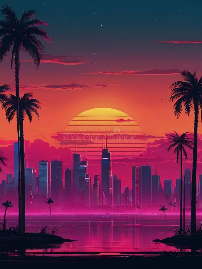 Distant Synthwave Cityscape, Orange Sunset Stock Illustration ...