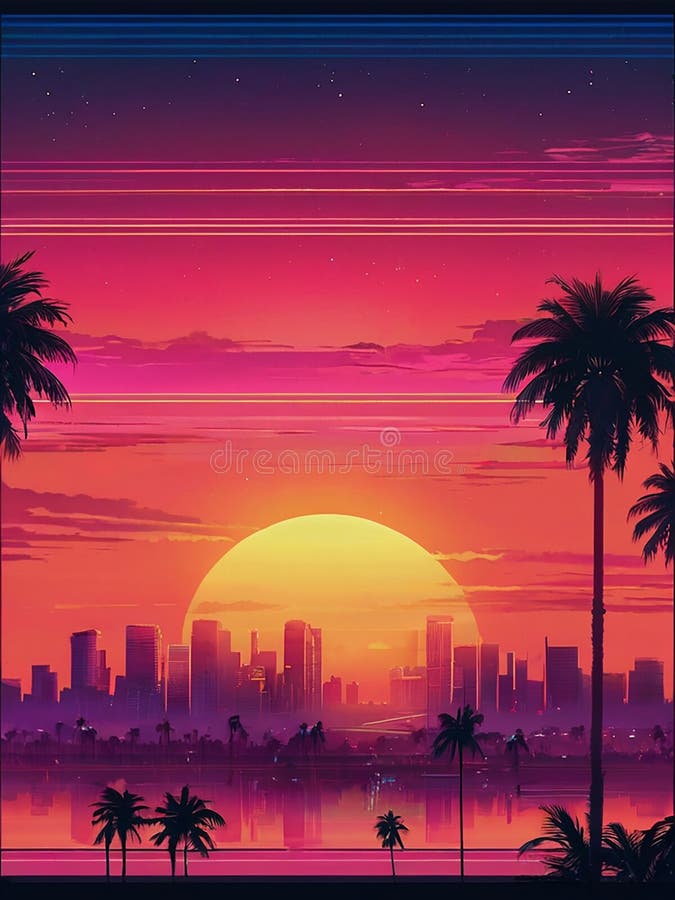 Distant Synthwave Cityscape, Orange Sunset Stock Illustration ...