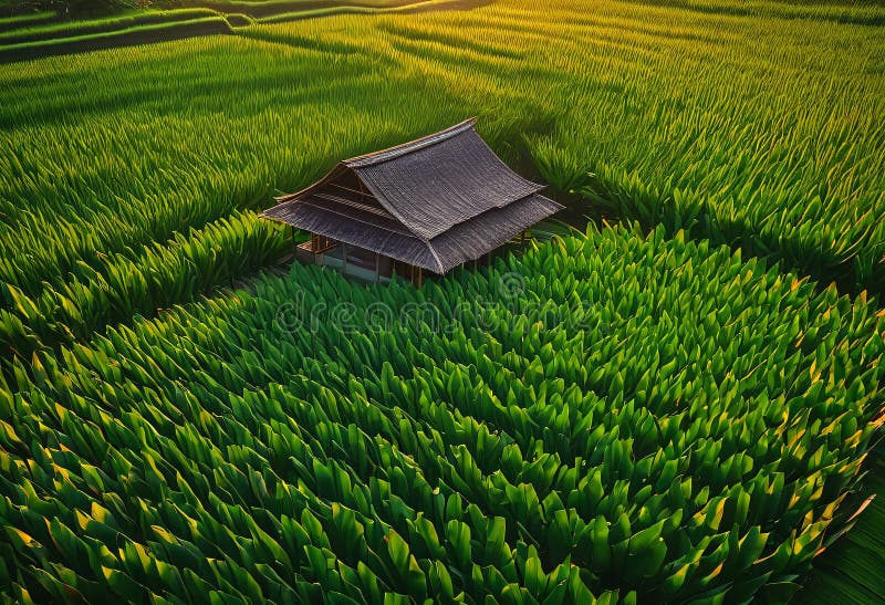 A House Building in the Middle of Rice Fields Stock Illustration ...
