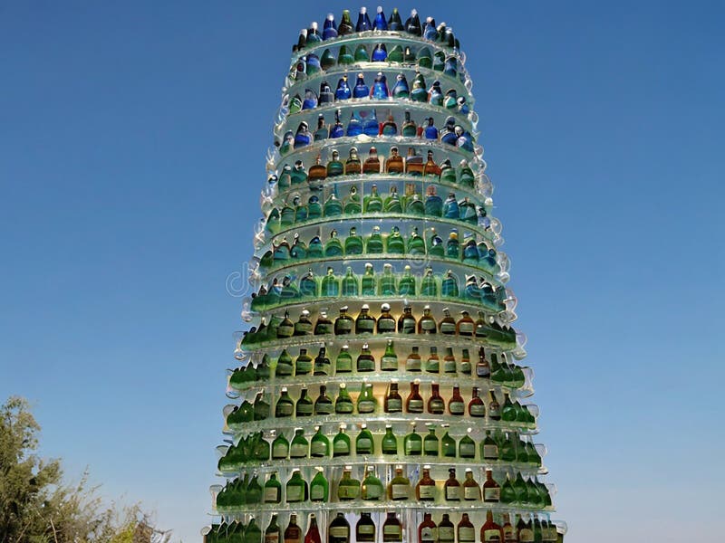 A Large Tower Made from a Collection of Bottles Stock Illustration ...