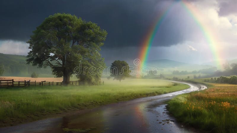 Rainbow that Appears after the Rain, Countryside Stock Illustration ...