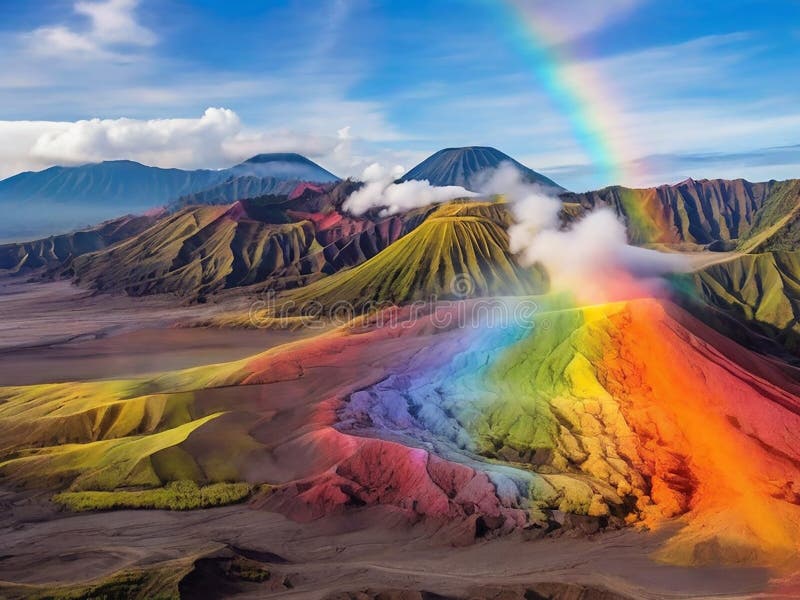 A Rainbow Falls on the Mountain Face Stock Illustration - Illustration ...