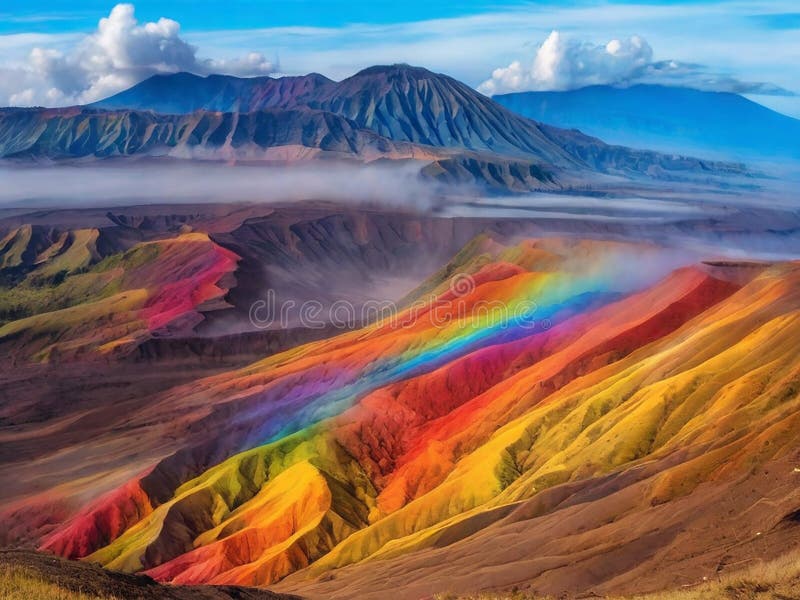 A Rainbow Falls on the Mountain Face Stock Illustration - Illustration ...