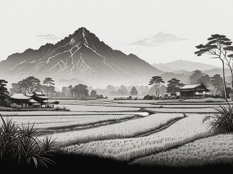 Sketch of Mountains and Rice Fields Stock Illustration - Illustration ...
