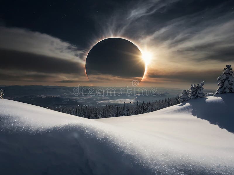 Solar Eclipse in the Middle of a Snowy Landscape Stock Illustration ...
