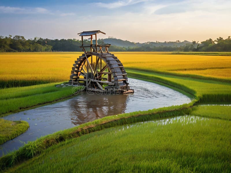 A Water Wheel on a Rice Field Stock Illustration - Illustration of ...