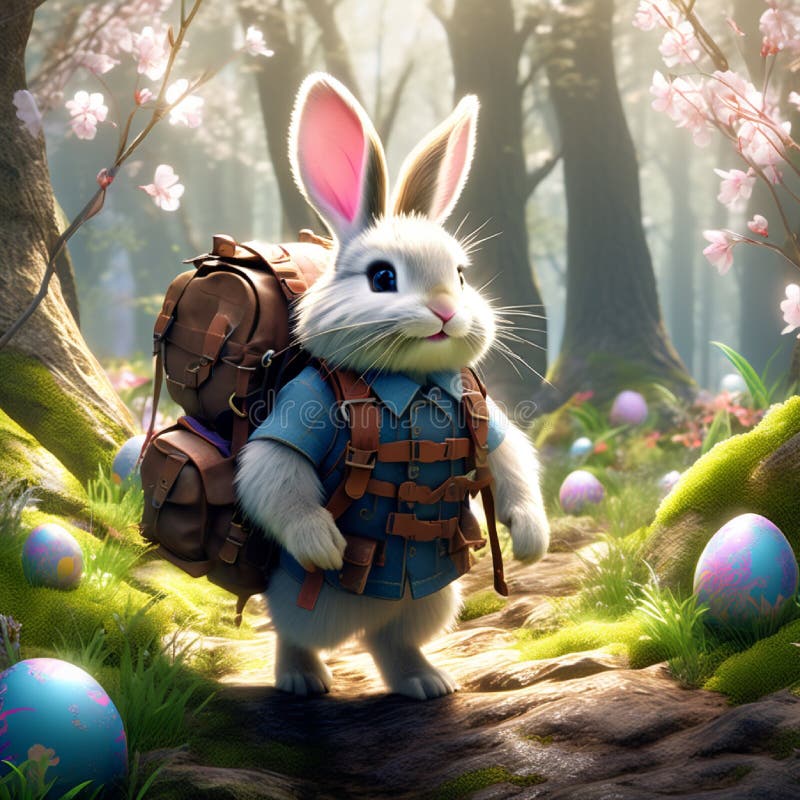 Generate an Image of a Bunny with a Backpack Exploring an Easter Egg ...