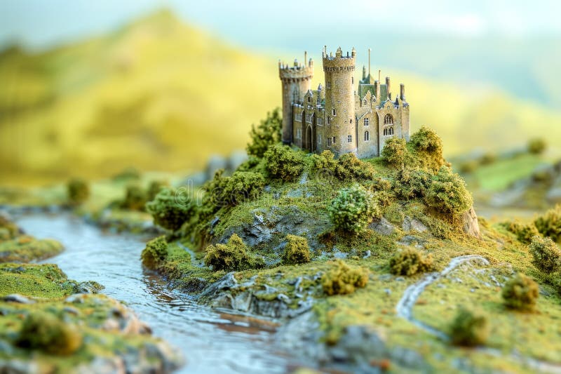 Generate a Relief of a Castle on a Hill with a Moat in the Foreground ...