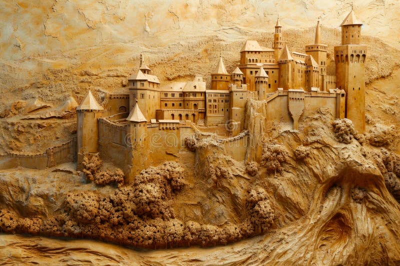 Generate a Relief of a Castle on a Hill with a Moat in the Foreground ...