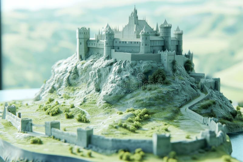 Generate a Relief of a Castle on a Hill with a Moat in the Foreground ...