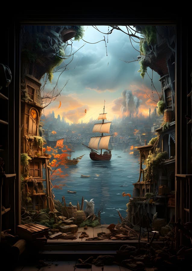 A Painting of a Boat in a Harbor.Window View from Closed Window . Stock ...