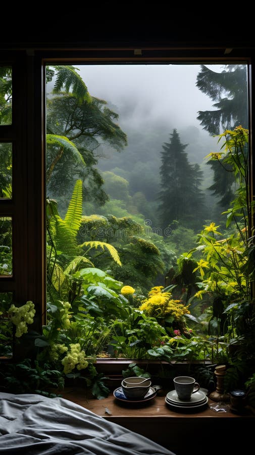 A Window View of a Lush Green Forest View from Closed Window Stock ...