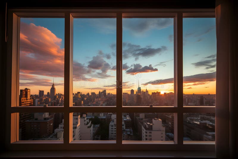 A Window with a View of a City at Sunset.Window View from Home Window ...