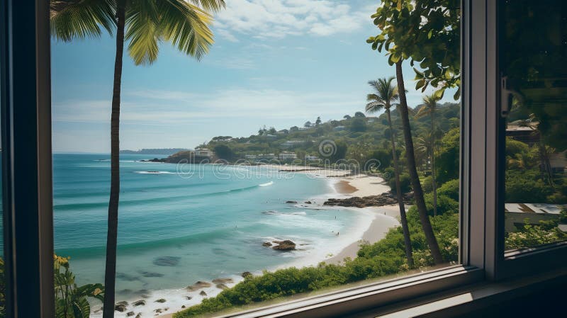 A View of a Beach from a Window.Window View from Resort Window . Stock ...