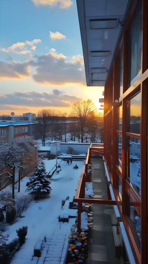 The Sun is Setting Over a Snow Covered Campus.Window View from School ...