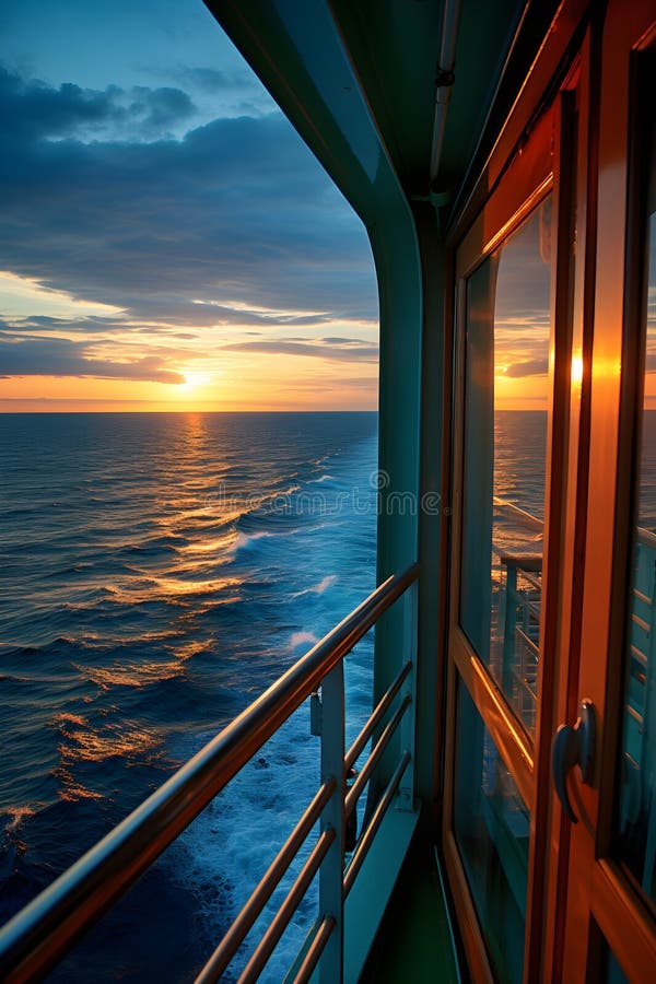 The Sun is Setting Over the Ocean As Seen from a Boat.Window View from ...