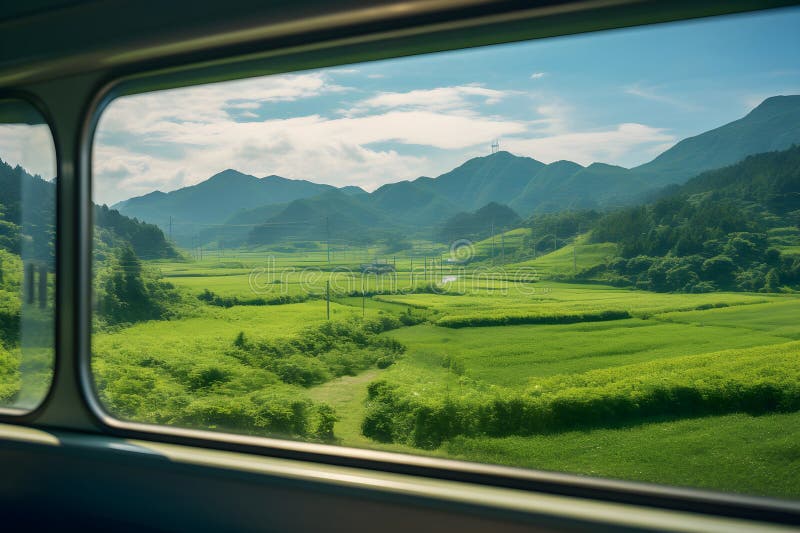 A Window View of a Lush Green Valley.Window View from Train Window ...