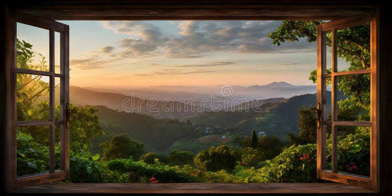 An Open Window with a View of the Mountains.Window View from Wooden ...