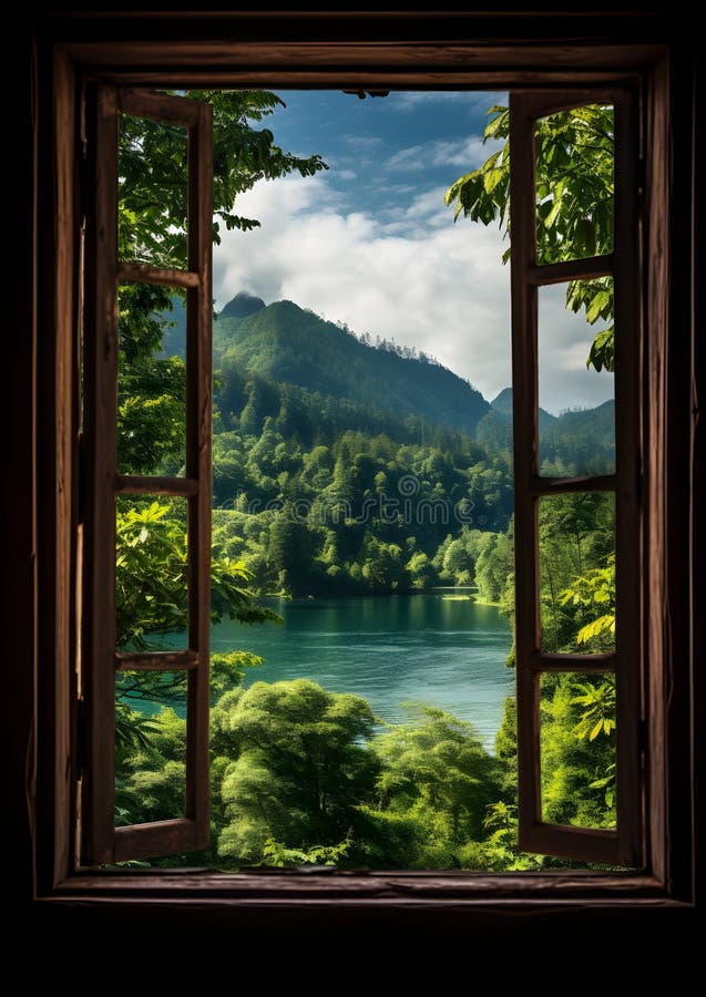 An Open Window with a View of a Lake and Mountains.Window View from ...