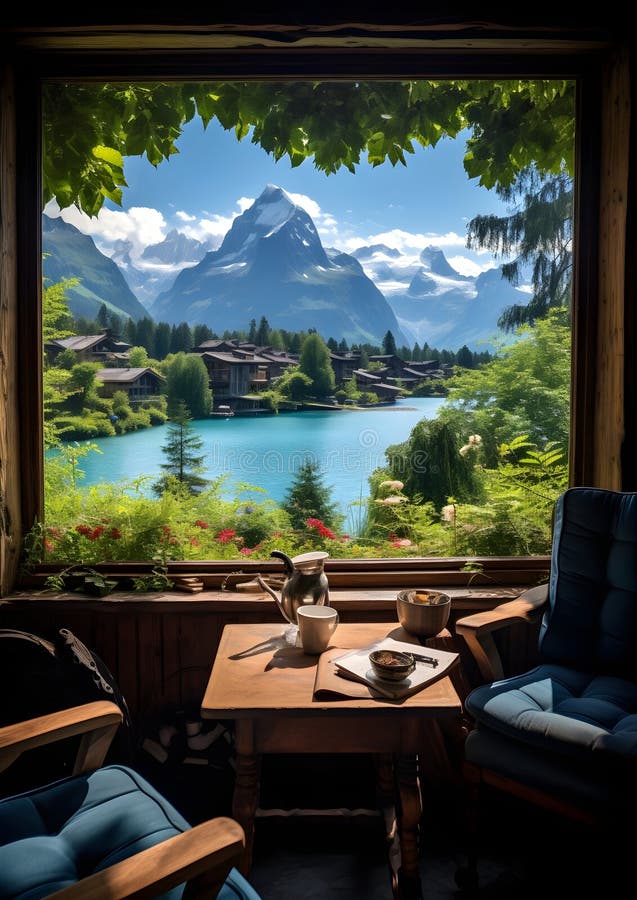 A Room with a View of a Lake and Mountains.Window View from Wooden ...